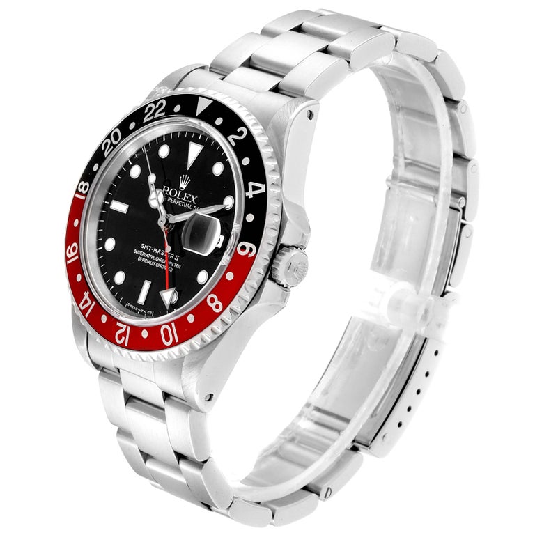 Rolex GMT Master II Black Red Coke Bezel Steel Men's Watch 16710 at 1stDibs