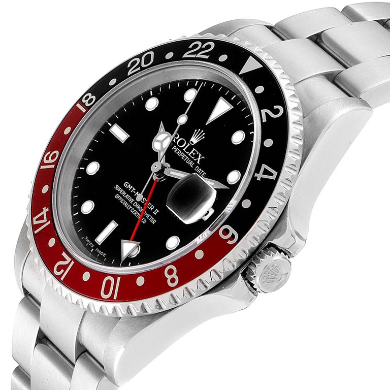 Rolex GMT Master II Black Red Coke Bezel Steel Men’s Watch 16710 at 1stDibs
