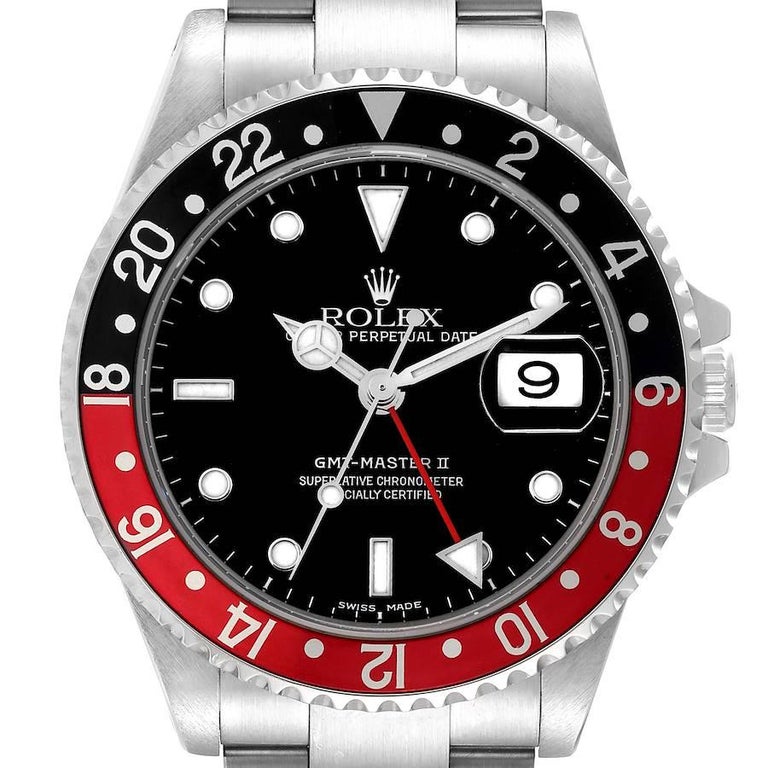 Rolex GMT Master II Black Red Coke Bezel Steel Mens Watch 16710 at 1stDibs