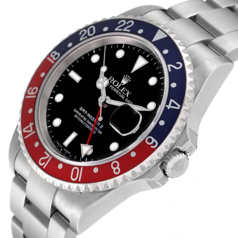Rolex GMT Master II Blau-Rote Pepsi-Lünette Stahl-Herrenuhr 16710 Box ...