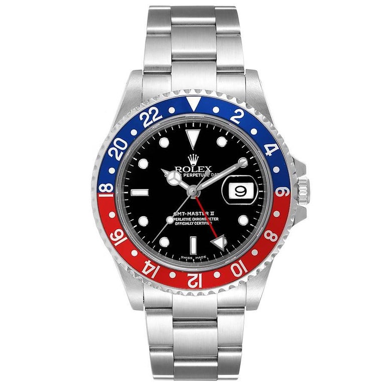 Rolex GMT Master II Pepsi Red and Blue Bezel Steel Mens Watch 16710 Box ...