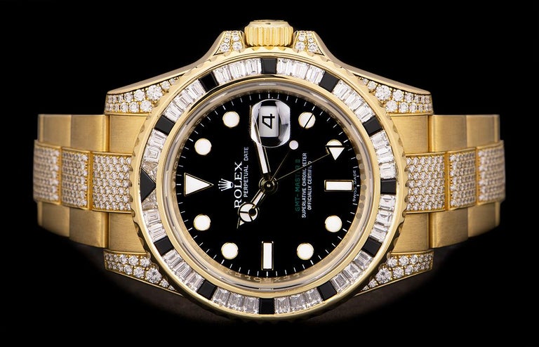 Rolex GMT-Master II Yellow Gold Black Dial Sapphire and Diamond Set B&P ...