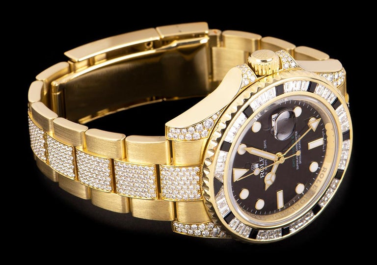 Rolex GMT-Master II Yellow Gold Black Dial Sapphire and Diamond Set B&P ...