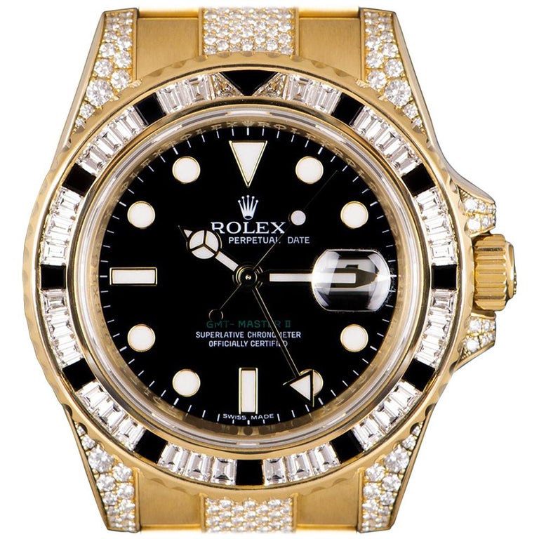 Rolex GMT-Master II Yellow Gold Black Dial Sapphire and Diamond Set B&P ...