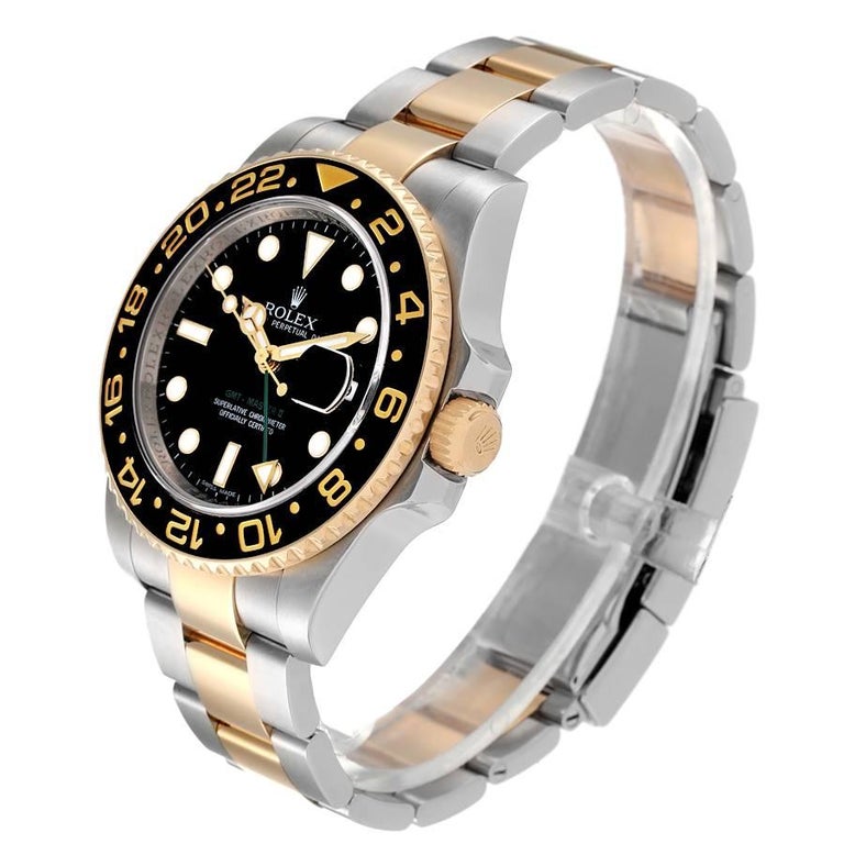Rolex GMT Master II Yellow Gold Steel Black Dial Mens Watch 116713 Box ...