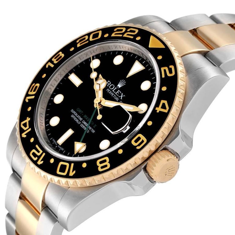 Rolex GMT Master II Yellow Gold Steel Black Dial Mens Watch 116713 Box ...