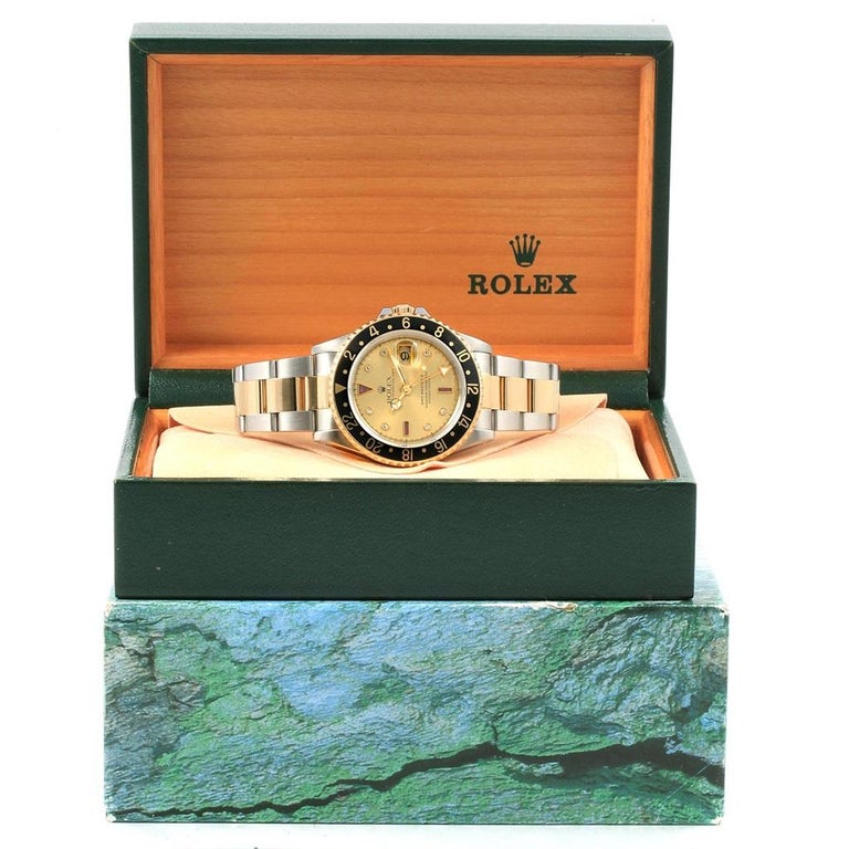 Rolex GMT-Master II Yellow Gold Steel Diamond Ruby Serti Dial Watch ...