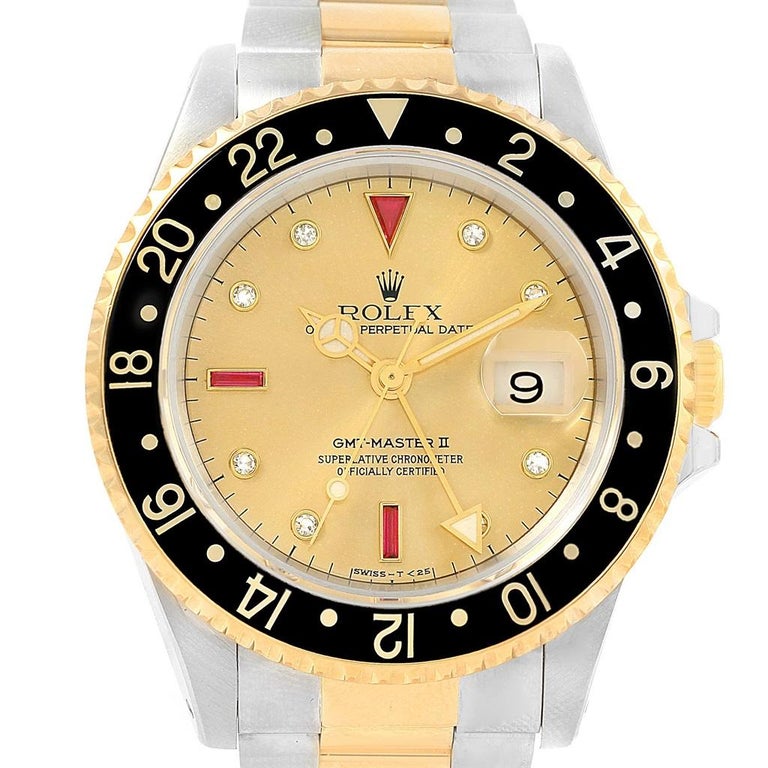 Rolex GMT-Master II Yellow Gold Steel Diamond Ruby Serti Dial Watch ...