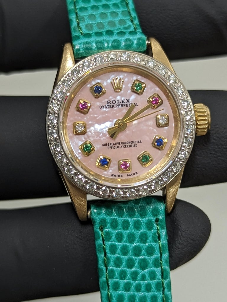 Rolex Ladies 18k Gold Oyster Perpetual Pink MOP Rainbow Dial Diamond ...