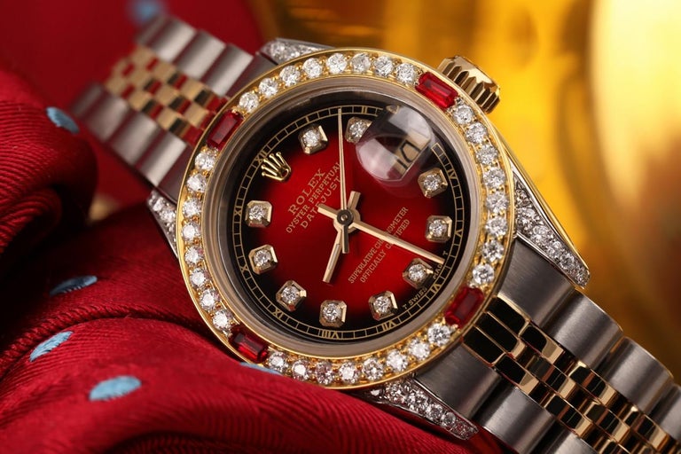 Rolex Ladies 26mm Datejust Two Tone Red Vignette Dial Diamond Accent ...