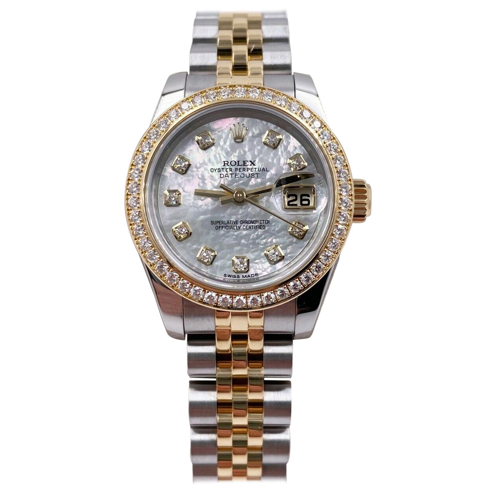 Rolex Ladies Datejust Watch Steel/18K Yellow Gold Green MOP Diamond ...