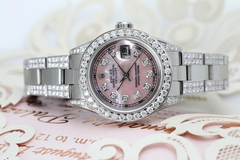 Rolex Ladies Datejust Pink Pearl Track SS Oyster Perpetual Diamond ...
