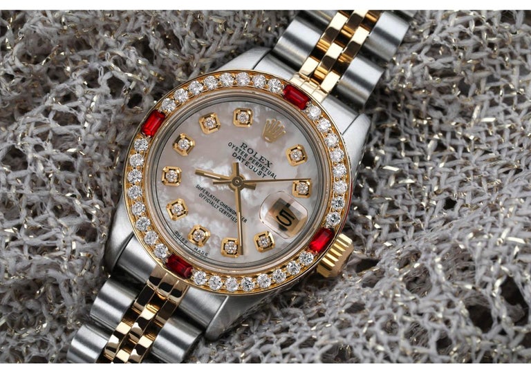 Rolex Ladies Datejust White Mother of Pearl Dial with Ruby and Diamond ...