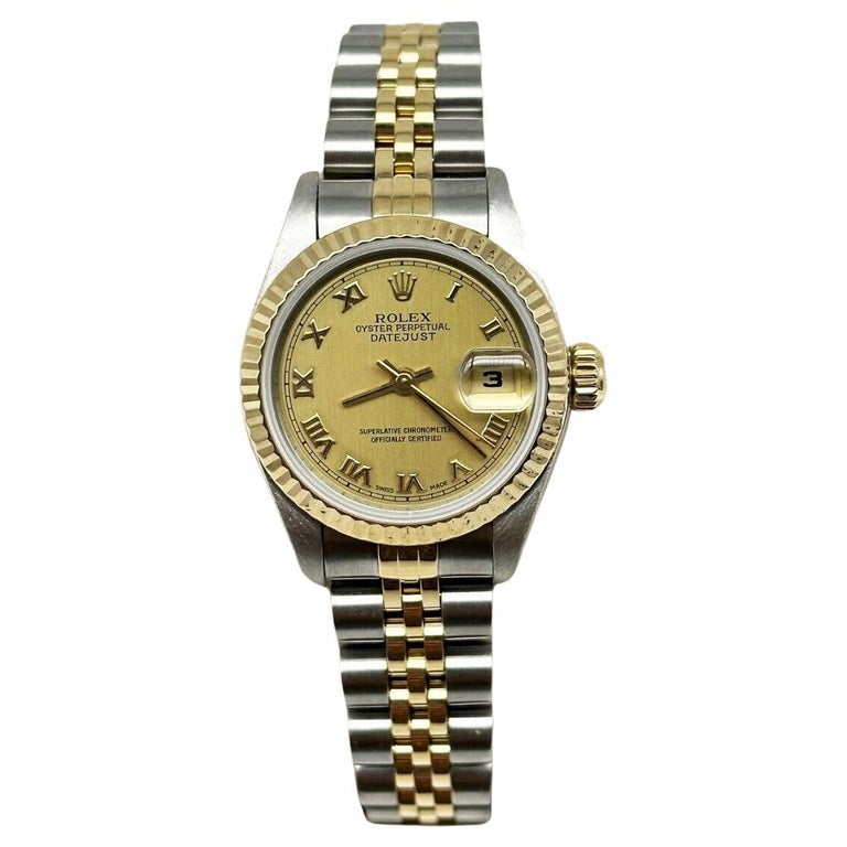 Rolex Ladies Datejust 69173 Champagne Roman Dial 18K Yellow Gold Steel ...