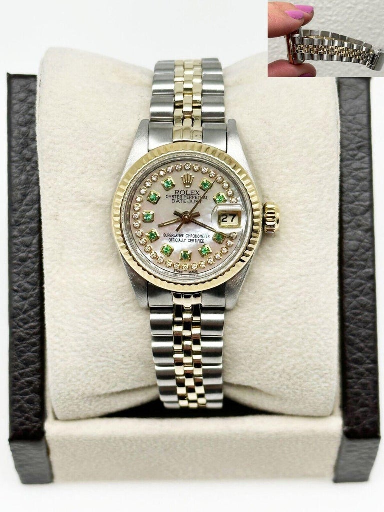 Rolex Ladies Datejust 69173 MOP Diamond Emerald Dial 18k Yellow Gold ...