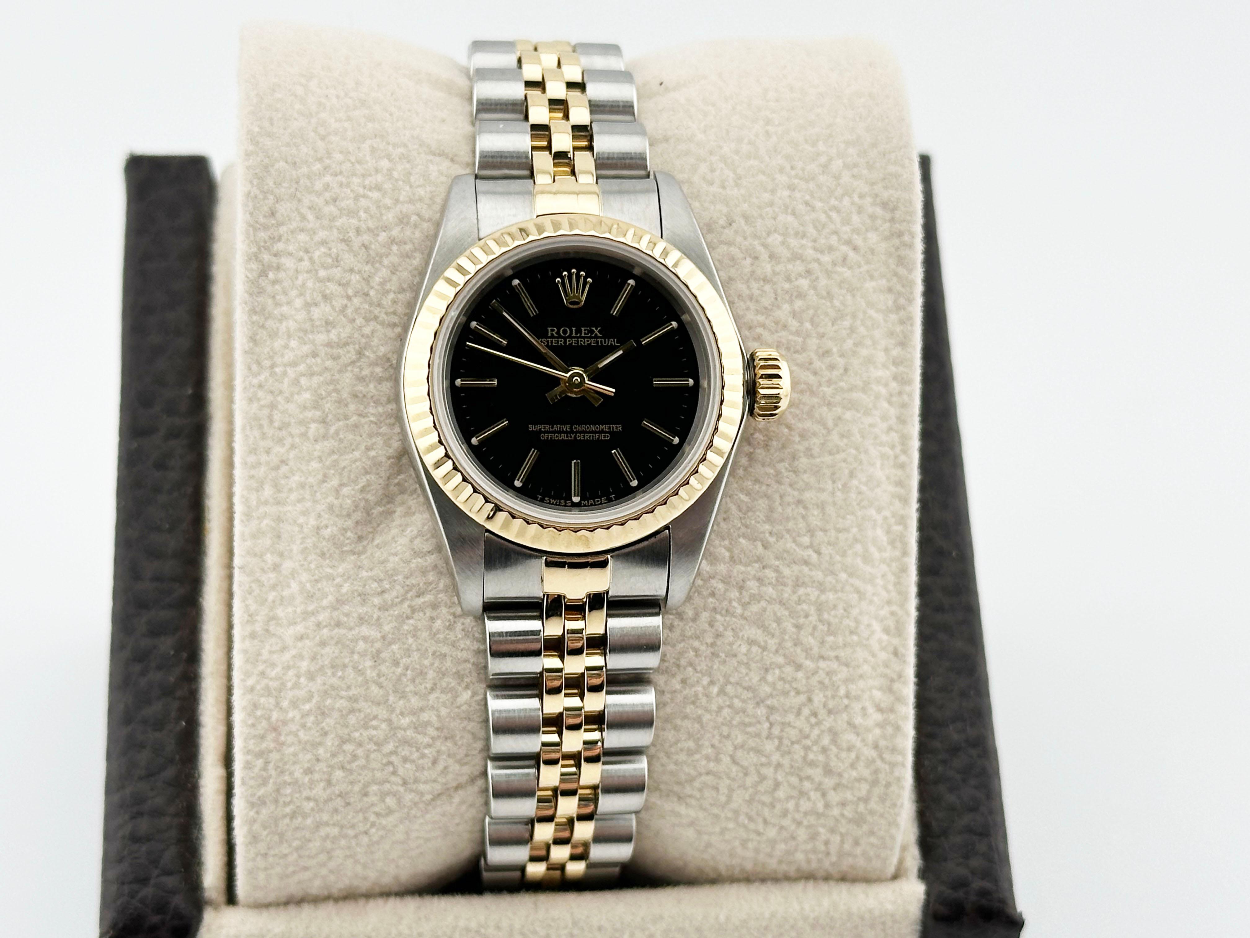 Rolex Ladies Oyster Perpetual 67193 Black Dial 18K Yellow Gold Stainless Steel For Sale at 1stDibs