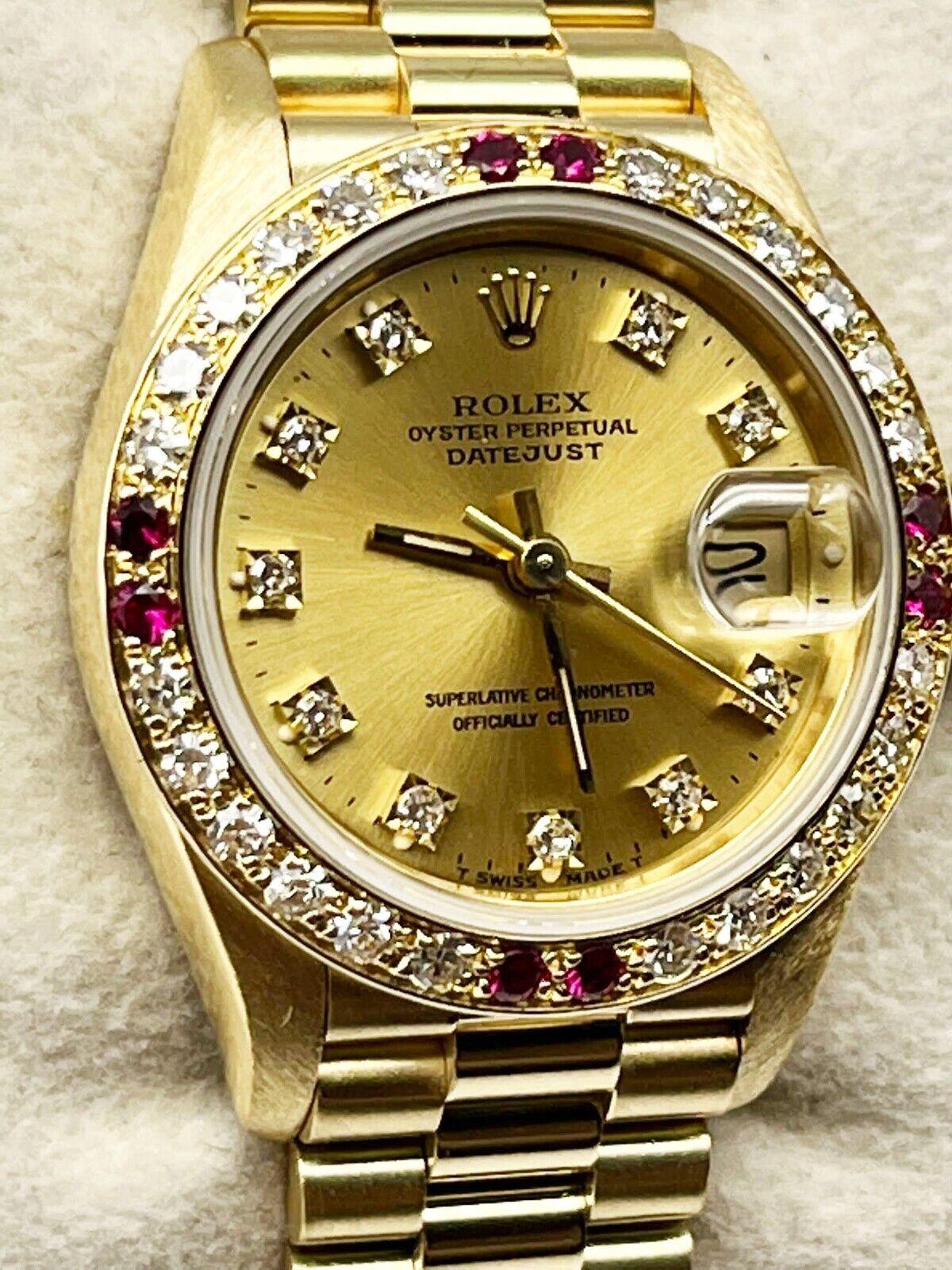 Rolex Ladies President 69178 Champagne Diamond Dial Ruby Bezel 18k ...