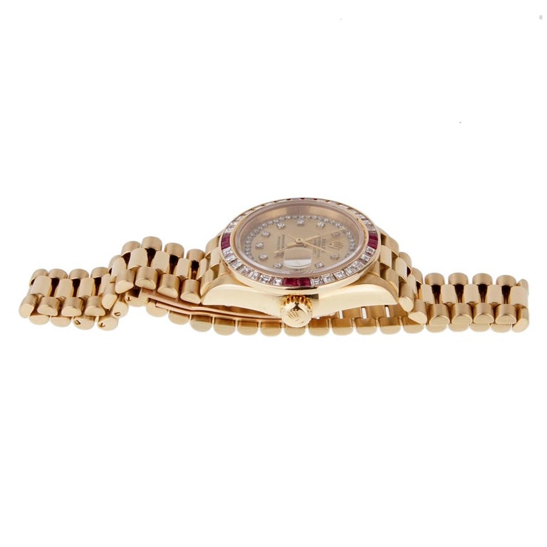 Rolex Ladies President Diamond Ruby Gold Watch For Sale at 1stDibs