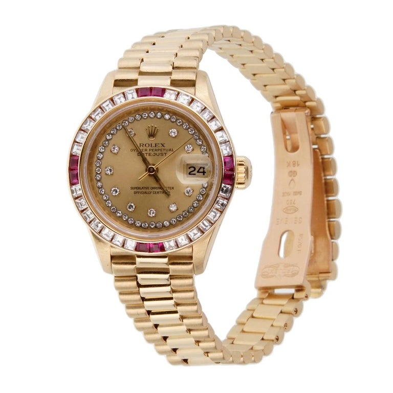 Rolex Ladies President Diamond Ruby Gold Watch For Sale at 1stDibs