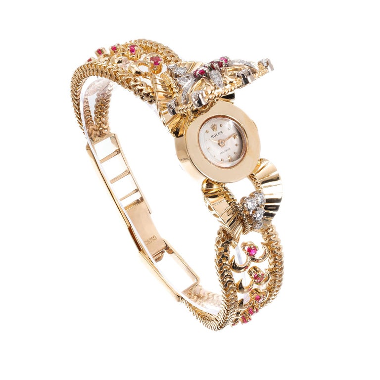 Rolex Ladies Ruby Diamond Rose Gold Covered Wristwatch at 1stDibs