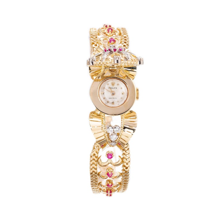 Rolex Ladies Ruby Diamond Rose Gold Covered Wristwatch at 1stDibs