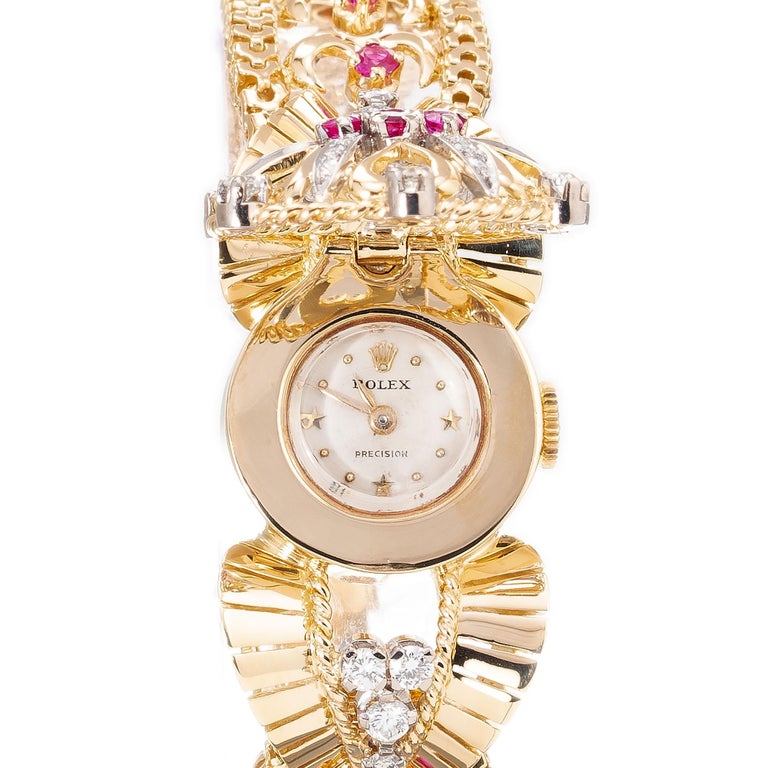 Rolex Ladies Ruby Diamond Rose Gold Covered Wristwatch at 1stDibs