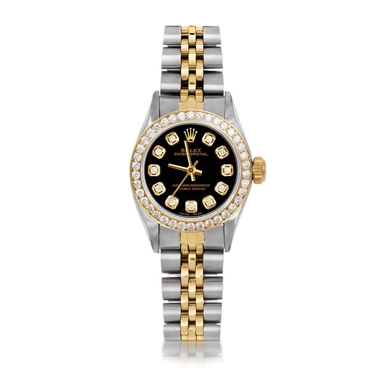 Rolex Ladies TT Oyster Perpetual Black Diamond Dial Diamond Bezel ...
