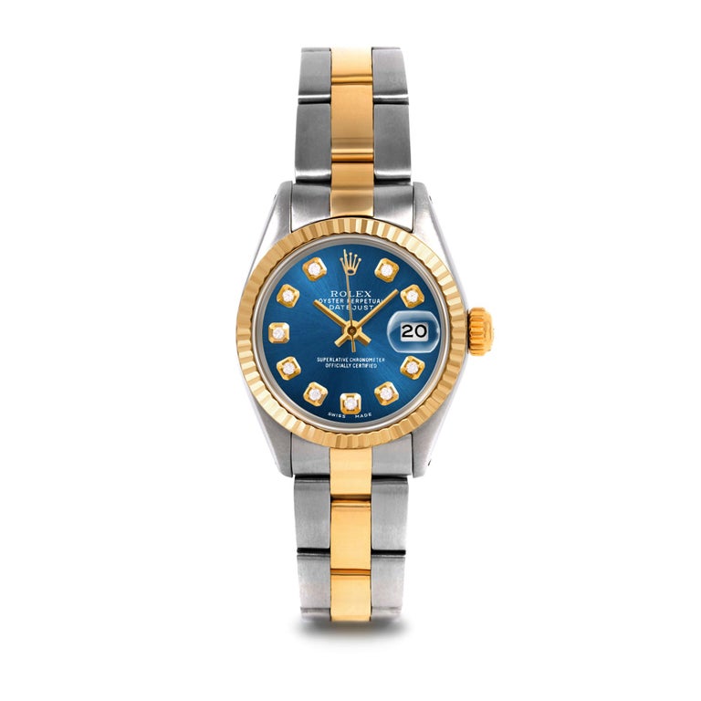 Rolex Ladies Two Tone Datejust Blue Diamond Dial Fluted Bezel Oyster ...