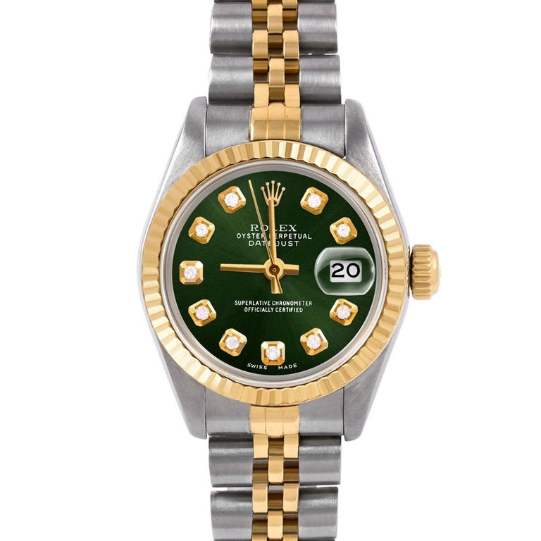 Rolex Ladies Two Tone Datejust Green Diamond Dial Fluted Bezel Jubilee ...