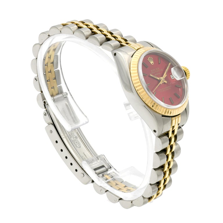 Rolex Ladies Yellow Gold Stainless Steel Red Dial Datejust Automatic ...
