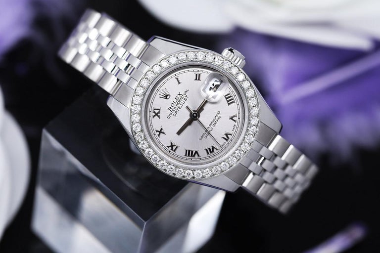 Rolex Lady-Datejust 179174 Steel Silver Roman Dial Diamond Bezel Watch ...