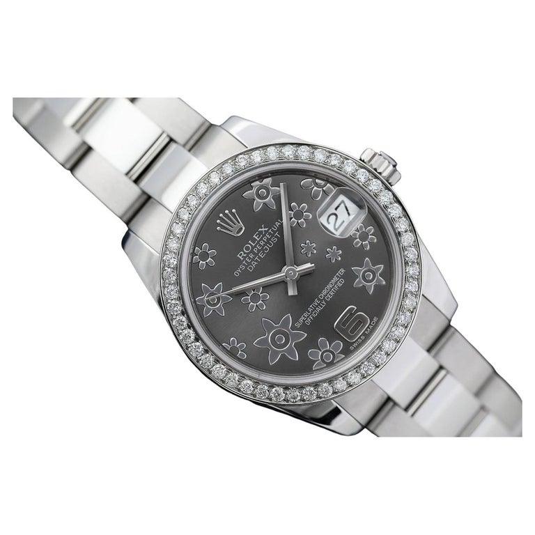 Rolex Lady-Datejust Stainless Steel Grey Flowe Dial with Diamond Bezel ...