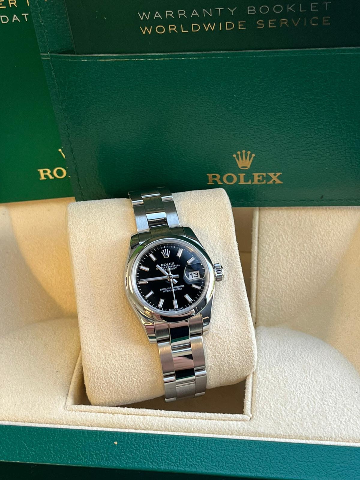 Rolex Lady-Datejust Oyster Steel Black Baton Indexes Dial Watch 179160 ...