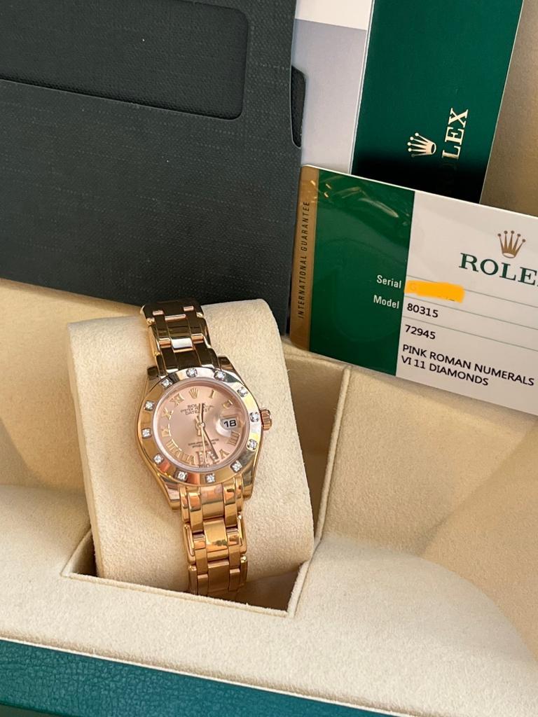 Rolex Lady-Datejust Pearlmaster Rose Gold Pink Roman Diamond Dial Watch ...