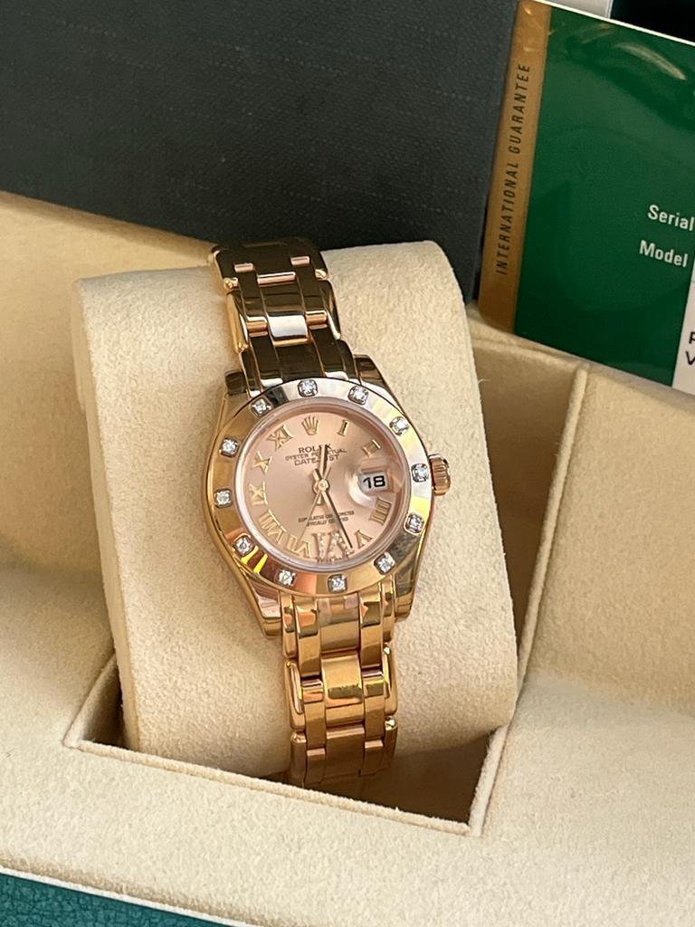 Rolex Lady-Datejust Pearlmaster Rose Gold Pink Roman Diamond Dial Watch ...