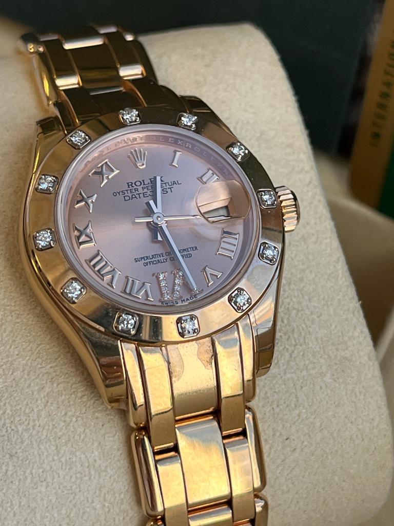 Rolex Lady-Datejust Pearlmaster Rose Gold Pink Roman Diamond Dial Watch ...