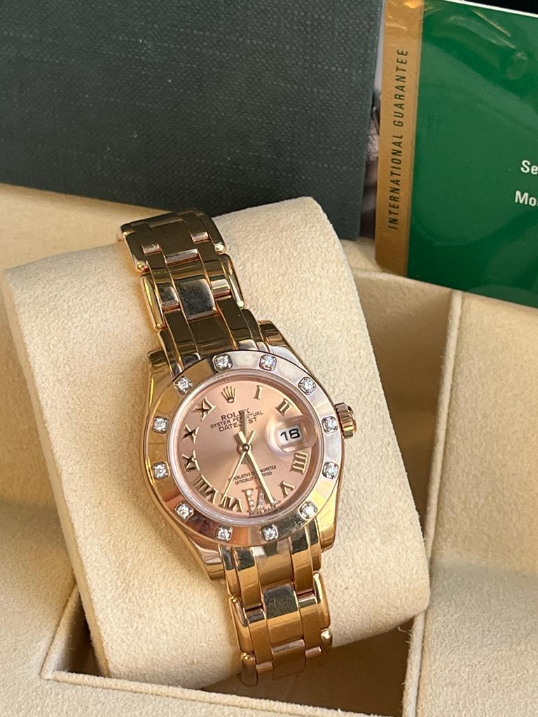 Rolex Lady-Datejust Pearlmaster Rose Gold Pink Roman Diamond Dial Watch ...