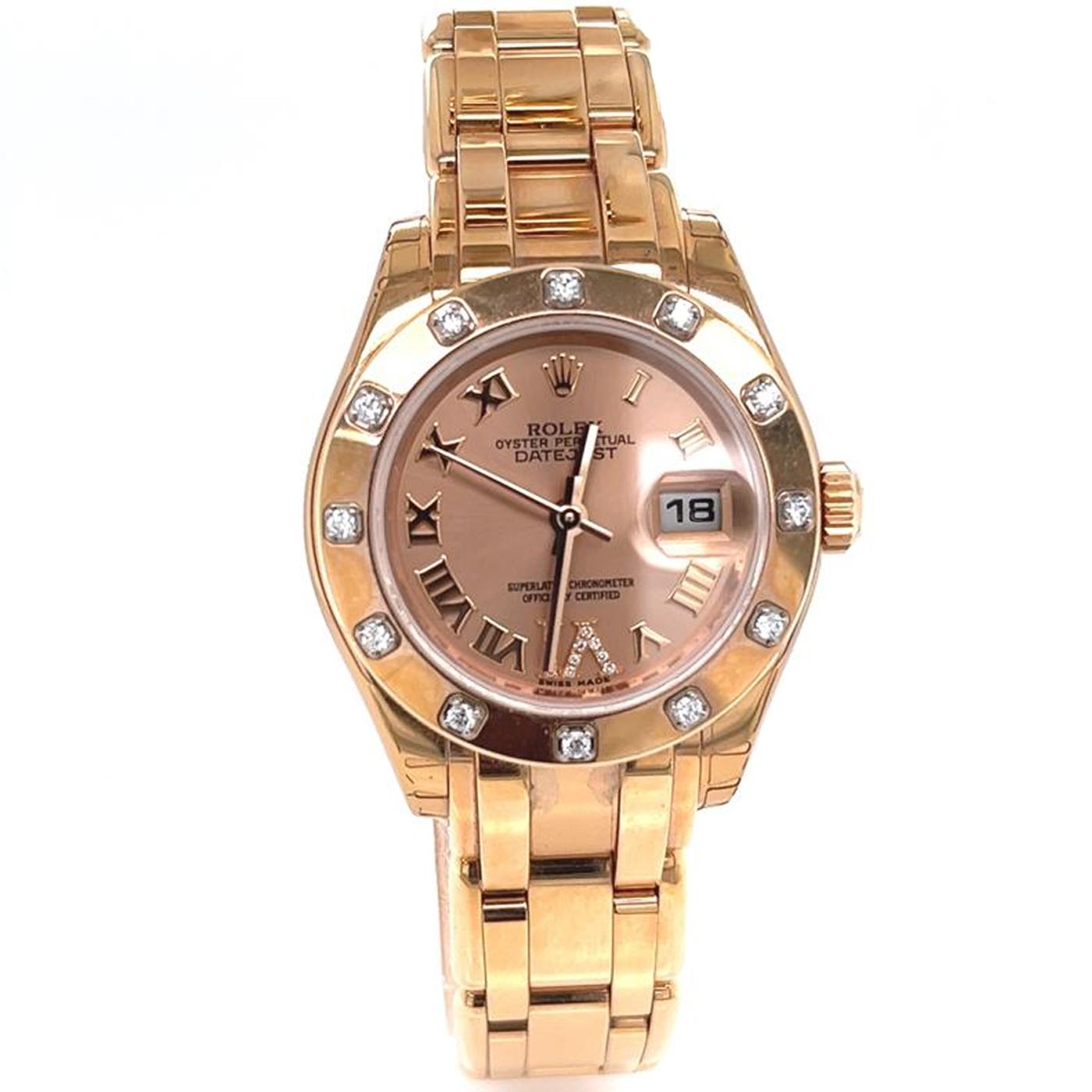 Rolex Lady-Datejust Pearlmaster Rose Gold Pink Roman Diamond Dial Watch ...