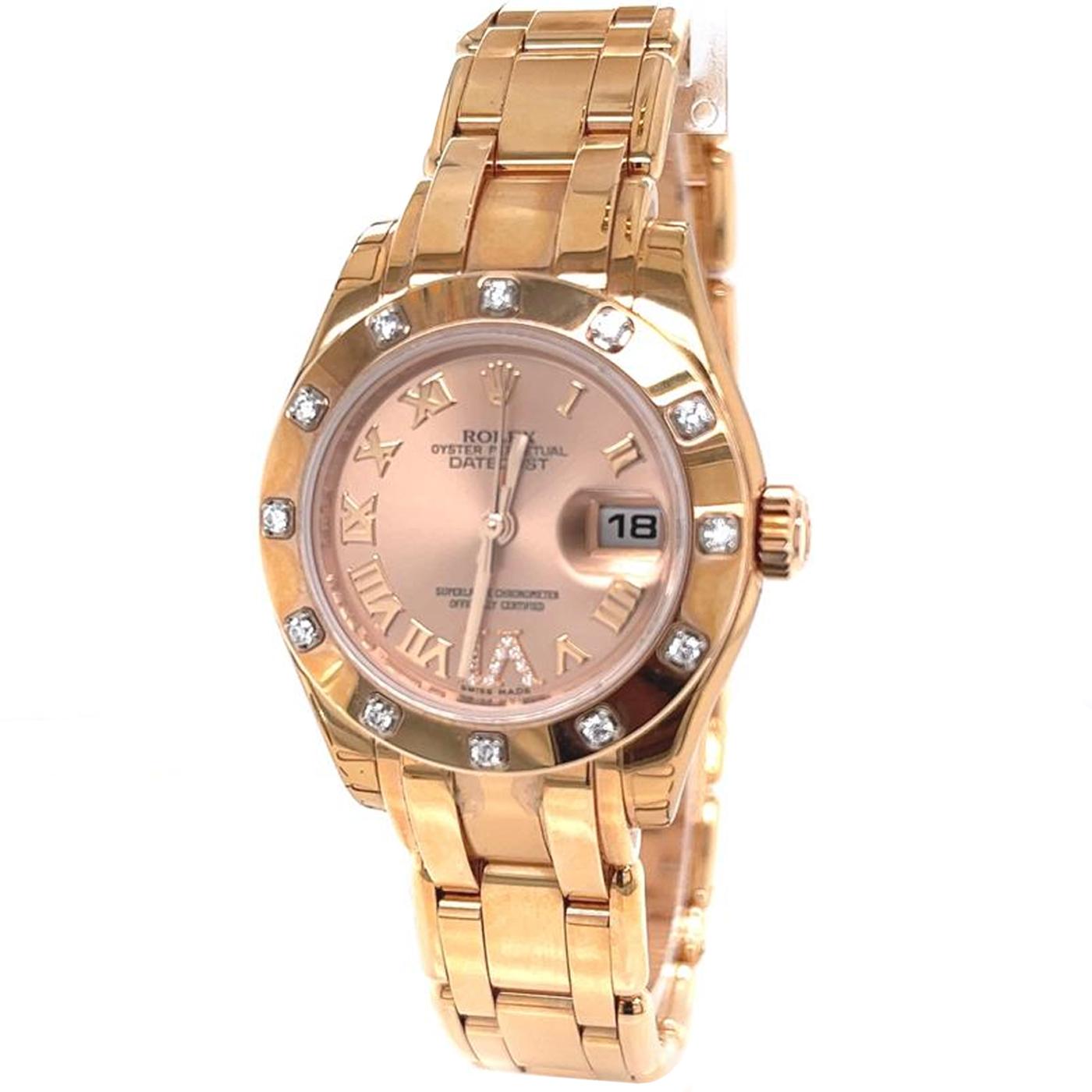 Rolex Lady-Datejust Pearlmaster Rose Gold Pink Roman Diamond Dial Watch ...