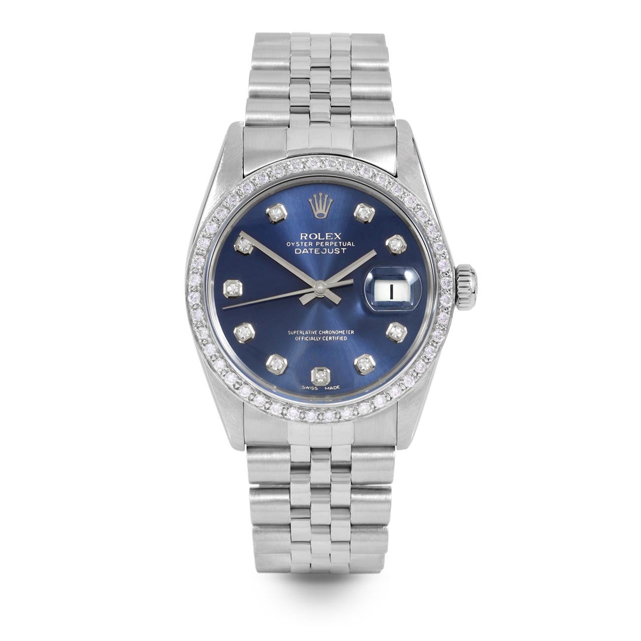 Rolex Mens Datejust Blue Diamond Dial Diamond Bezel Jubilee Watch For ...