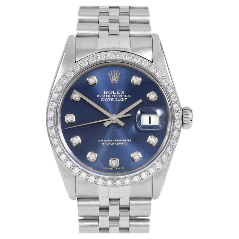 Rolex Mens Datejust Blue Diamond Dial Diamond Bezel Jubilee Watch For ...