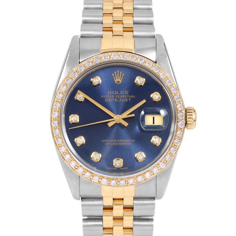 Rolex Mens TT Datejust Blue Diamond Dial Diamond Bezel Watch Ref#16013 ...