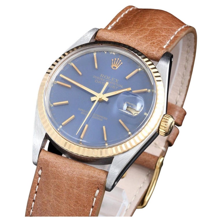Rolex Mens 36mm TT Datejust Blue Stick Dial Leather Strap Watch Ref ...