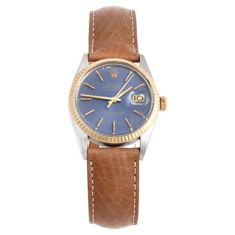 Rolex Mens 36mm TT Datejust Blue Stick Dial Leather Strap Watch Ref ...