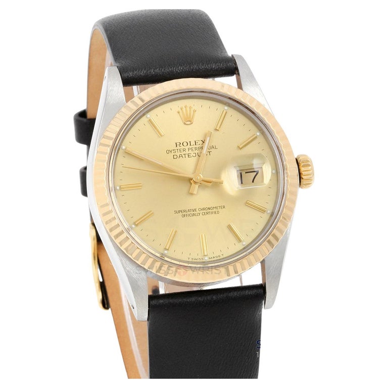 Rolex Mens 36mm TT Datejust Champagne Dial Black Leather Strap Watch ...
