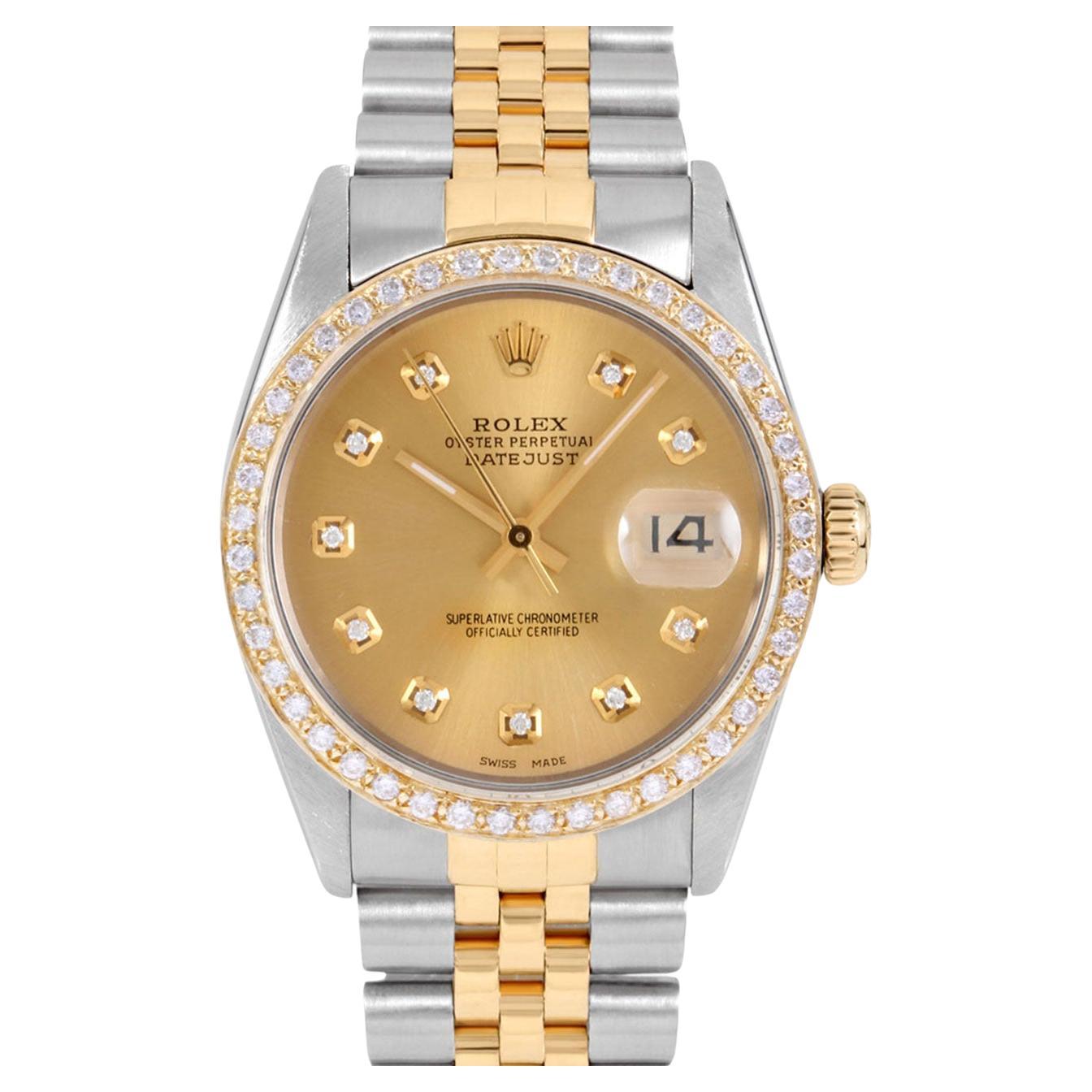 Rolex Mens 36mm TT Datejust Champagne Dial Black Leather Strap Watch ...