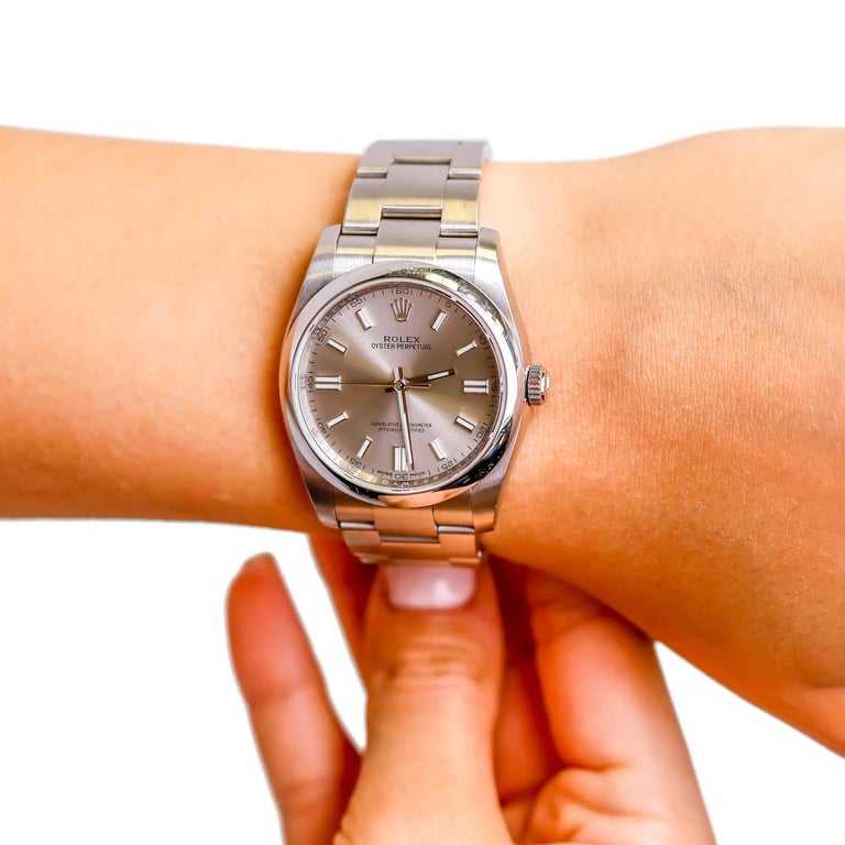 Rolex Men's Oyster Perpetual Stainless Steel Automatic Grey Stick Dial ...