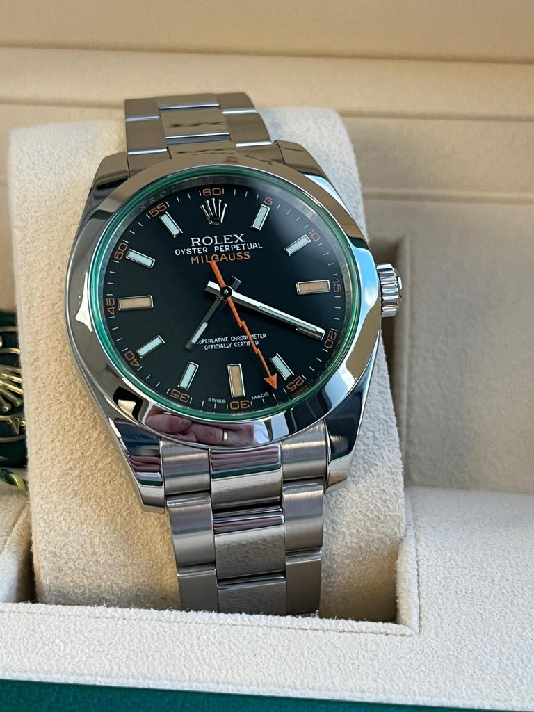 Rolex Milgauss Black Dial Green Crystal Oyster Steel Men's Watch ...