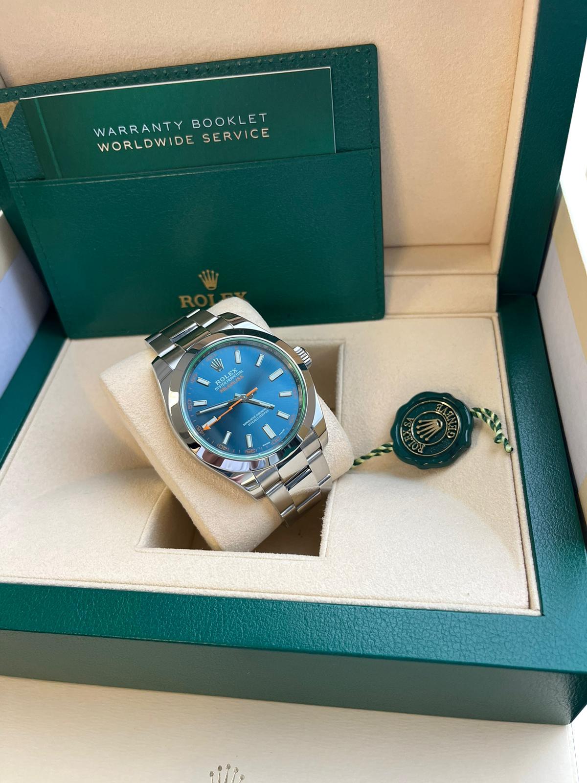 Rolex Milgauss Blue Dial Green Crystal Automatic Steel Watch 116400GV ...
