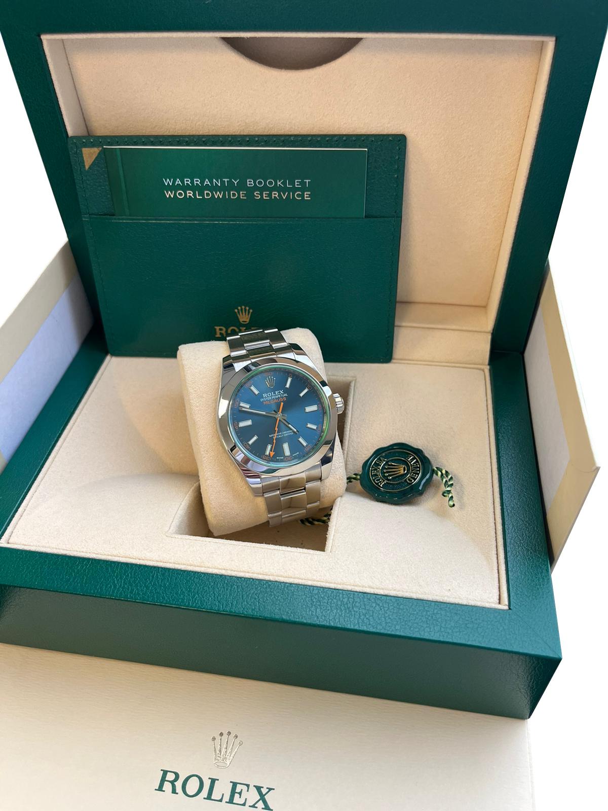 Rolex Milgauss Blue Dial Green Crystal Automatic Steel Watch 116400GV ...